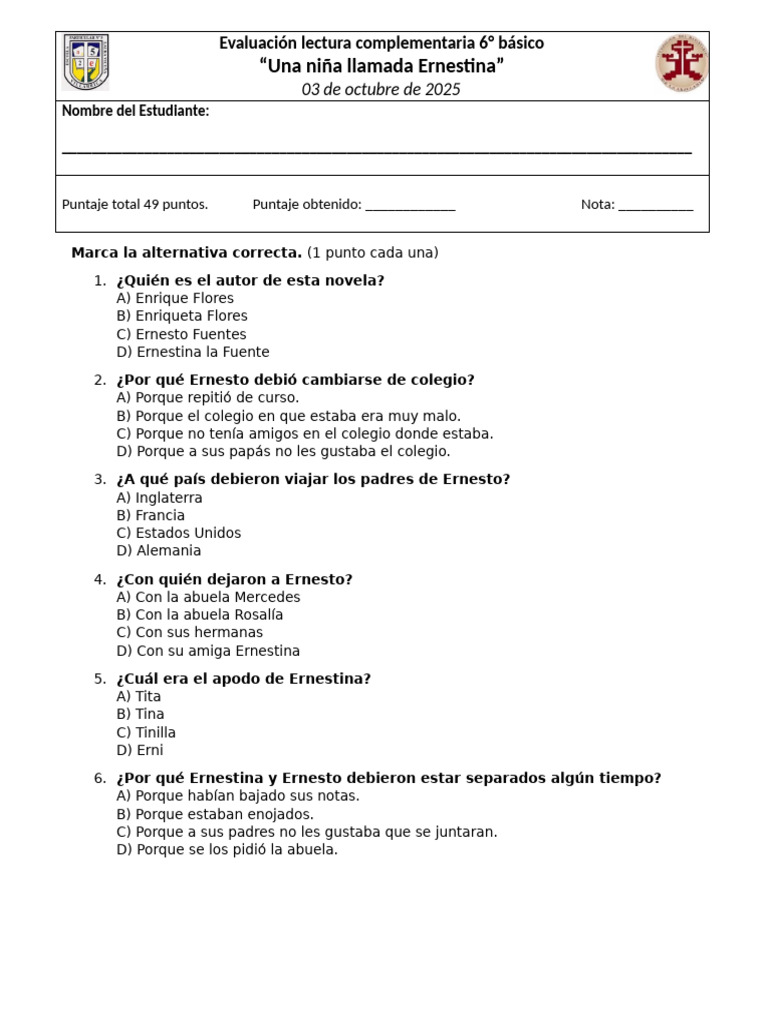 Evaluación lectura complementaria 6° una niña llamada ernestina | PDF