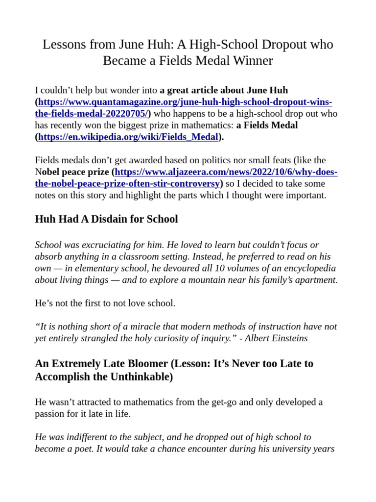 June Huh: From Dropout to Fields Medalist | PDF | Combinatorics ...