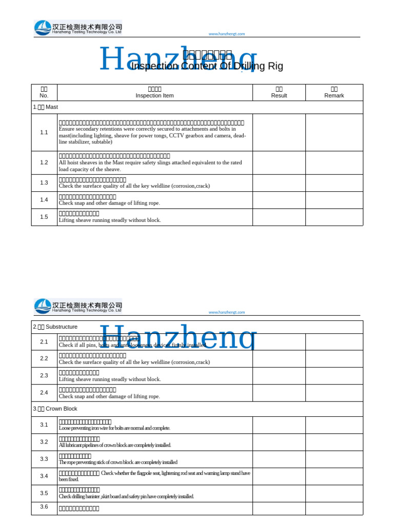 Drilling Rig Inspection Checklist | PDF | Pump | Brake