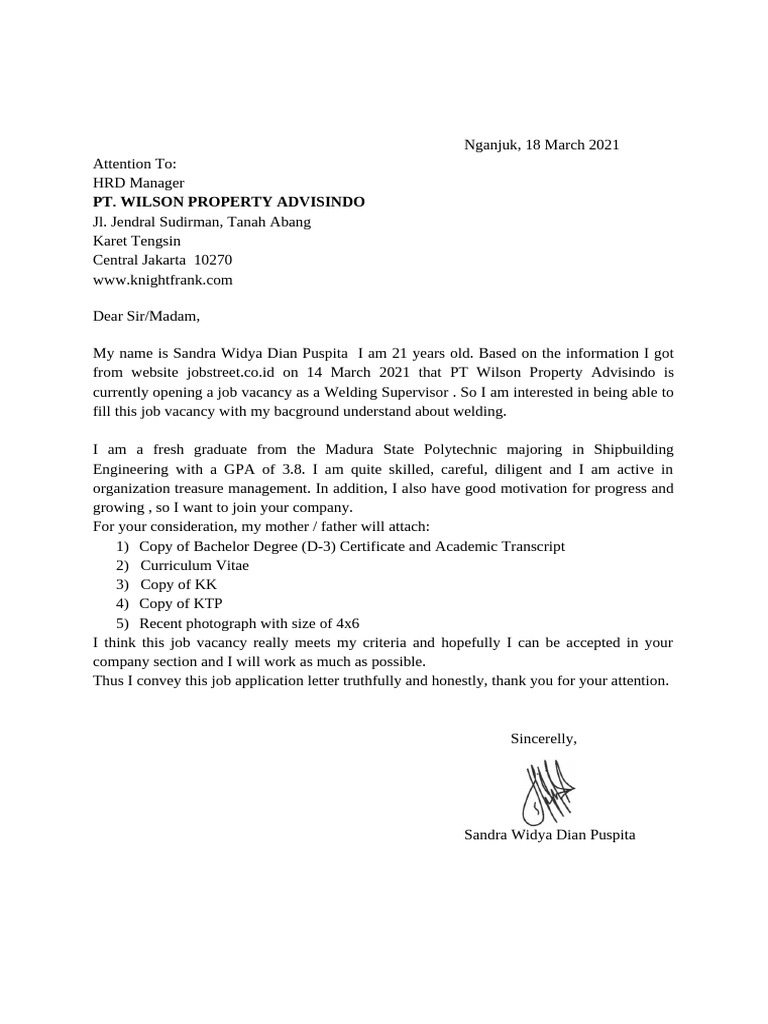 Cover Letter - Sandra Widya Dian P - 33311901015 | PDF
