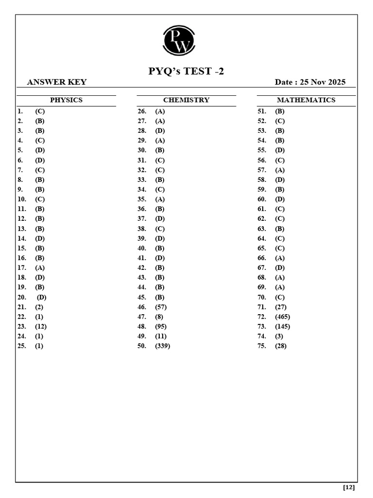 PYQ Test 2 Answer Key: Physics, Chemistry, Math | PDF