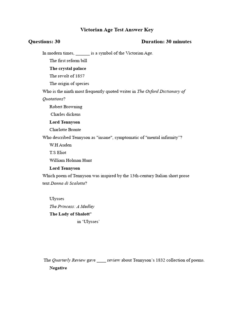 Victorian Age Test Answer Key | PDF | Queen Victoria