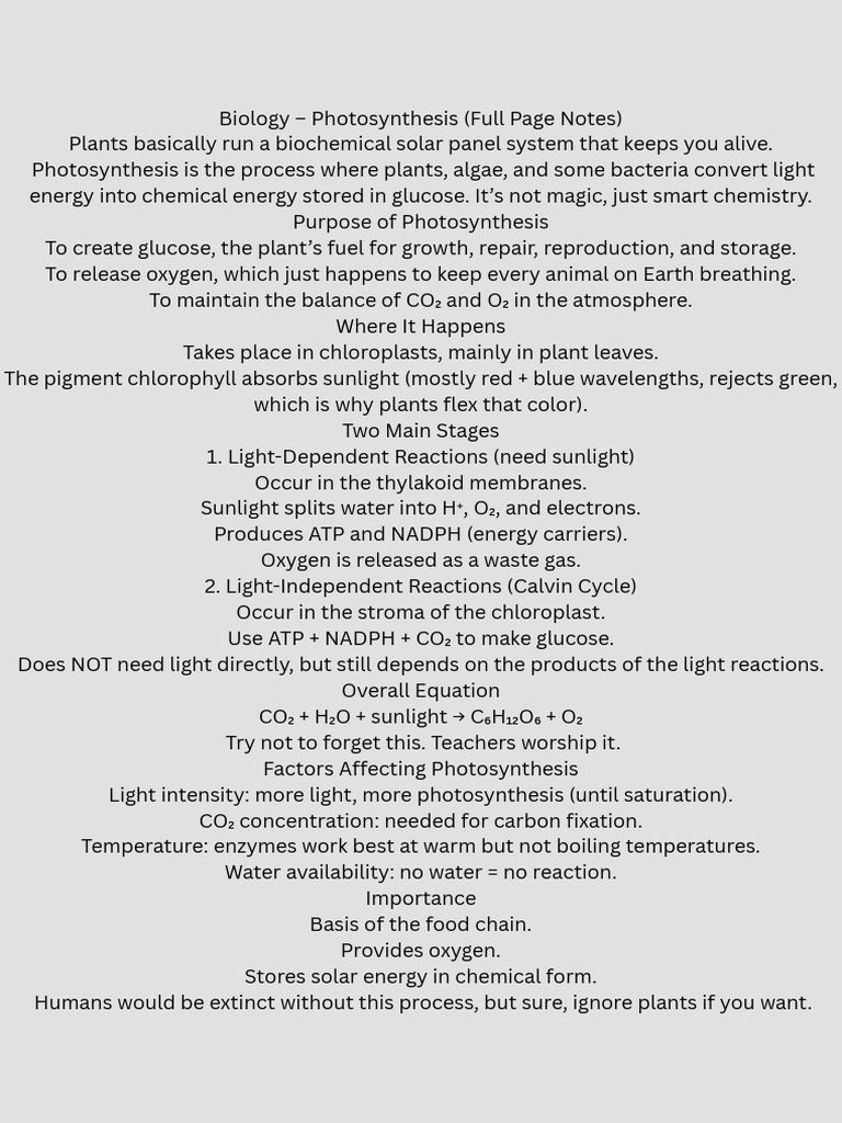 Biology – Photosynthesis (Full Page Notes) Plants Basically Run a ...
