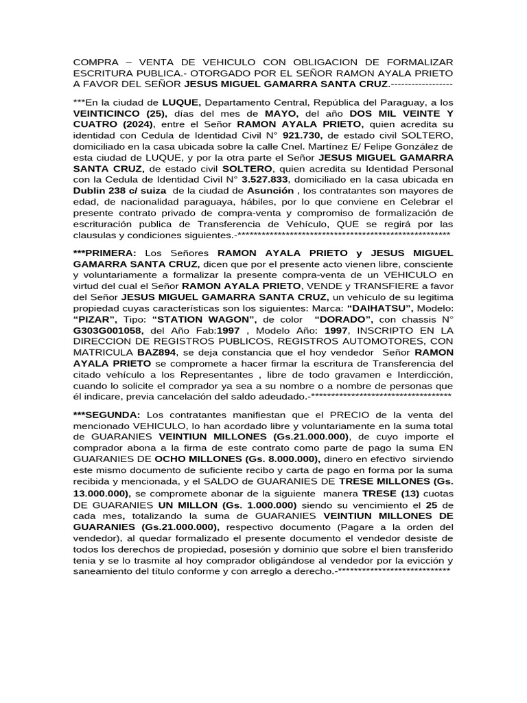 Jesus Gamarra Santa Cruz Toyota Pizar Dorado Con Pagaré a La Orden | PDF