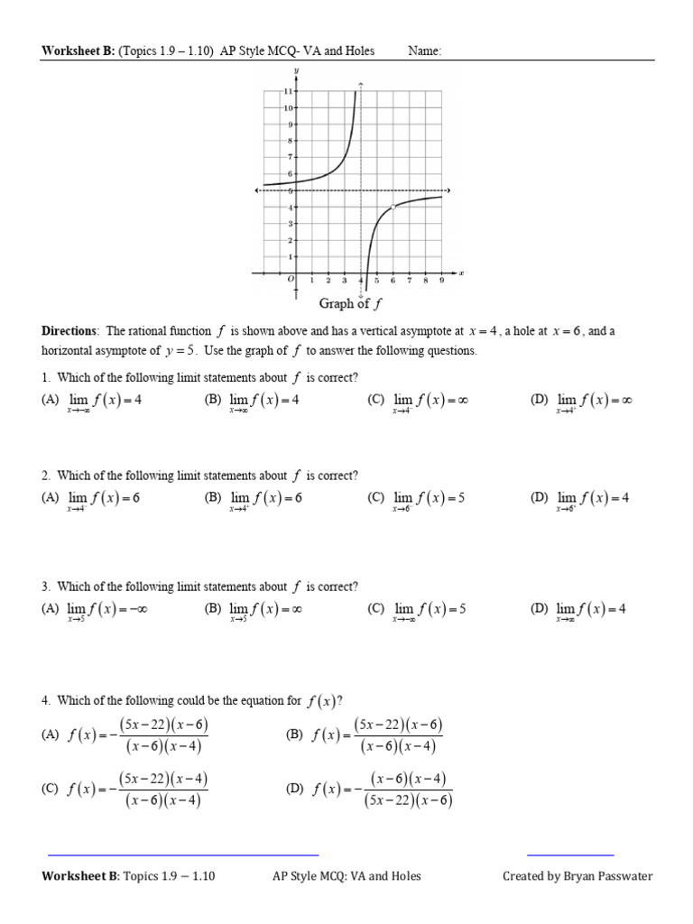 AP Precalculus Worksheet 1.9 1.10B AP Style MCQ Rational Functions ...