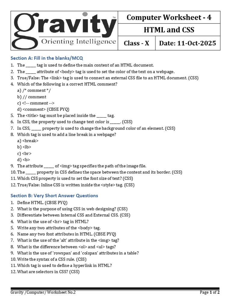 Computer Worksheet 4 - HTML and CSS | PDF | Html Element | World Wide Web