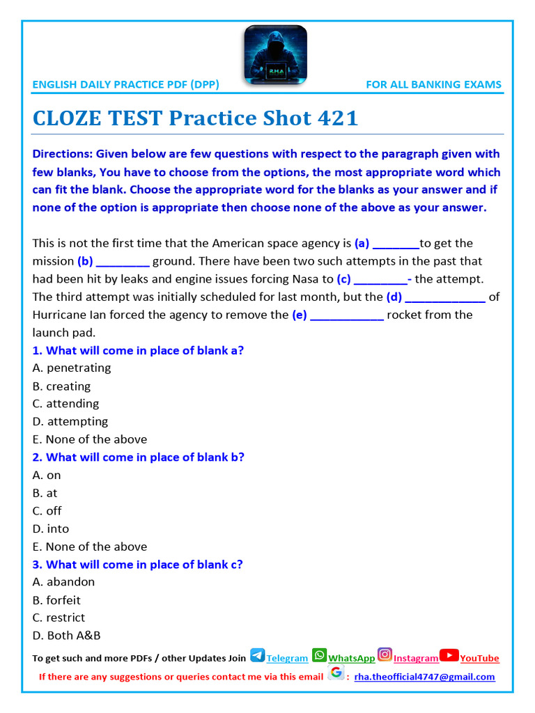Cloze Test Practice Shot 421 | PDF