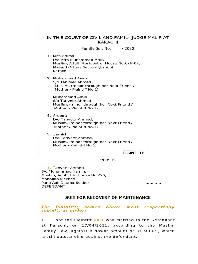 Family Suit For Maintenance 30012022 | PDF | Affidavit | Justice