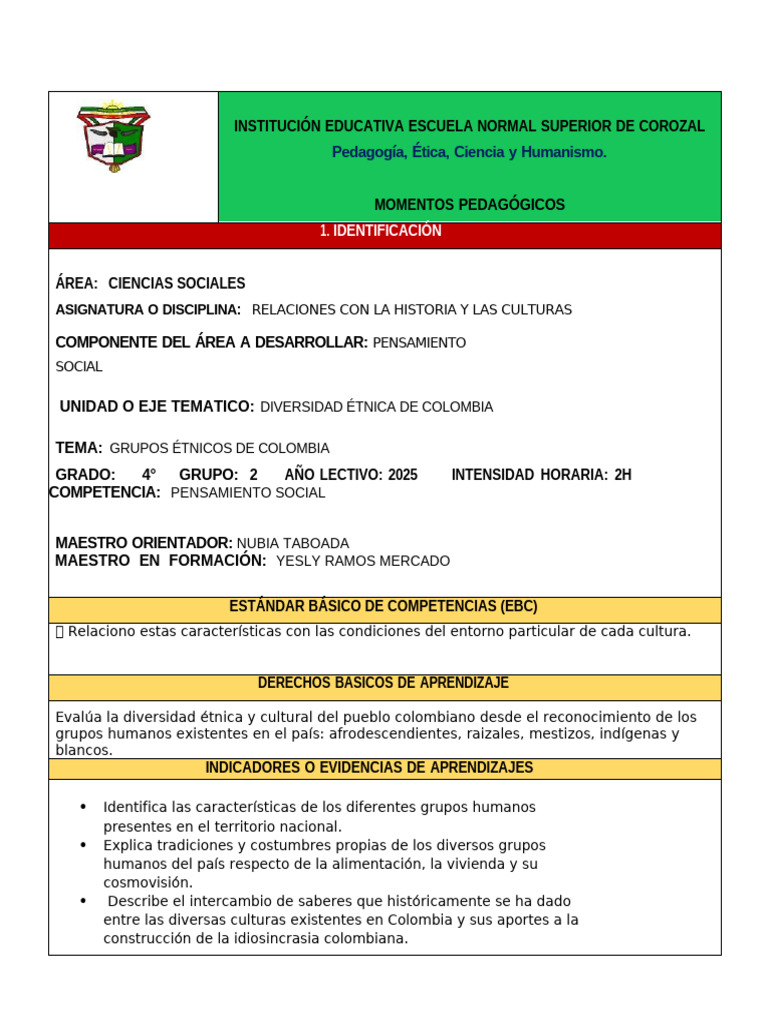 Plan de Clases Grupos Etnicos de Colombia Cuarto [2] | PDF | Colombia | Enseñando