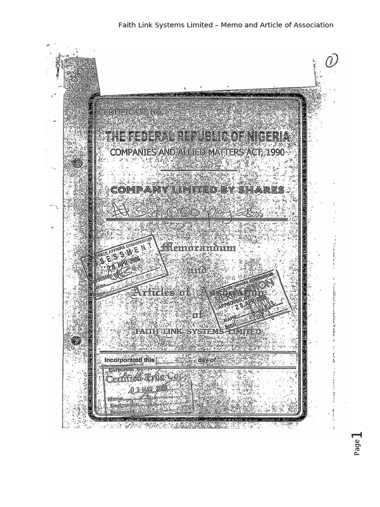 0.2 FaithLink - Memo and Articles of Association (1) | PDF