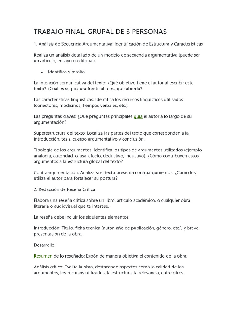 Trabajo Final. Grupal de 3 Personas | PDF | Ensayos | Gramática