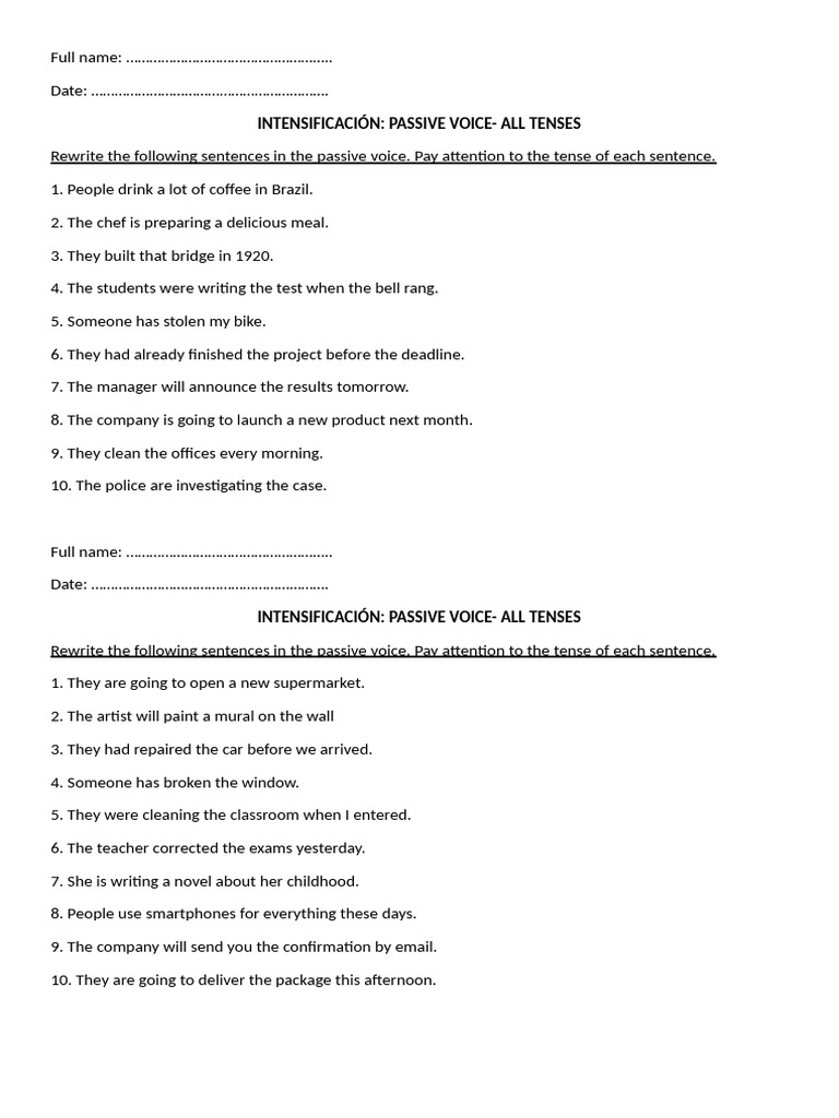 Passive Voice Exercises for All Tenses | PDF