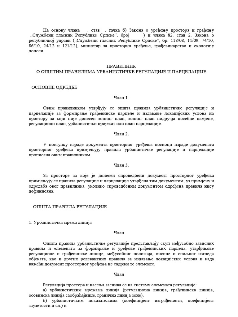 Pravilnik o Opstim Pravilnima Urb Regulacije I Parcelacije Pregl | PDF