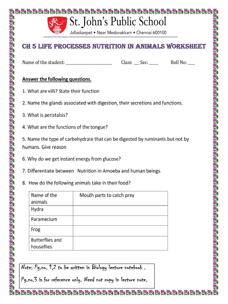 Biology CH5 LifeProcessesNutritionInAnimals Worksheet 16march | PDF
