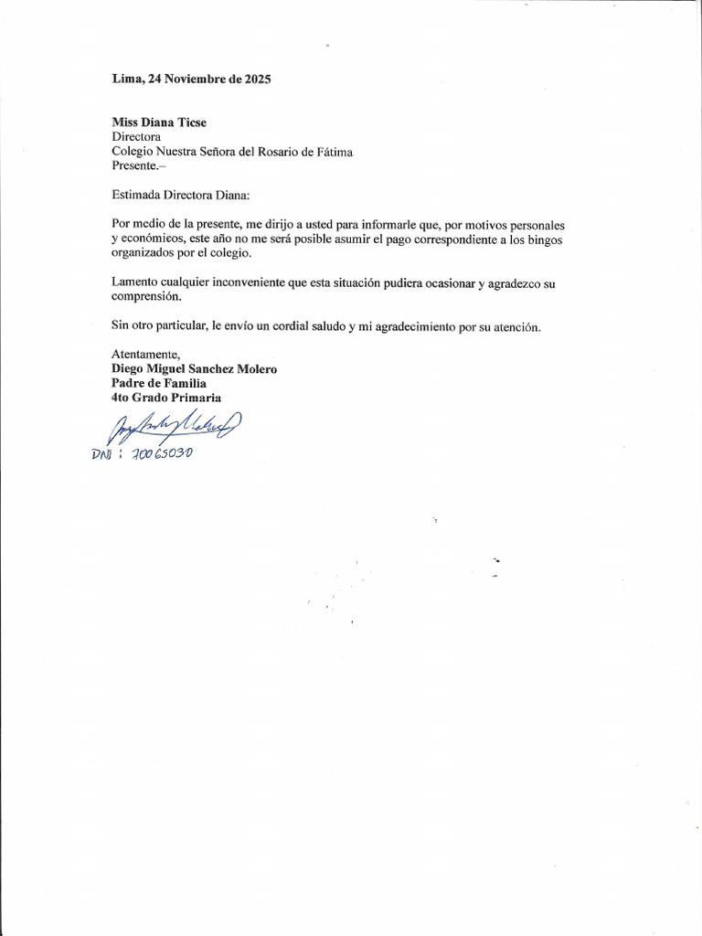 Carta para El Colegio Rosario Fatima - Dania | PDF
