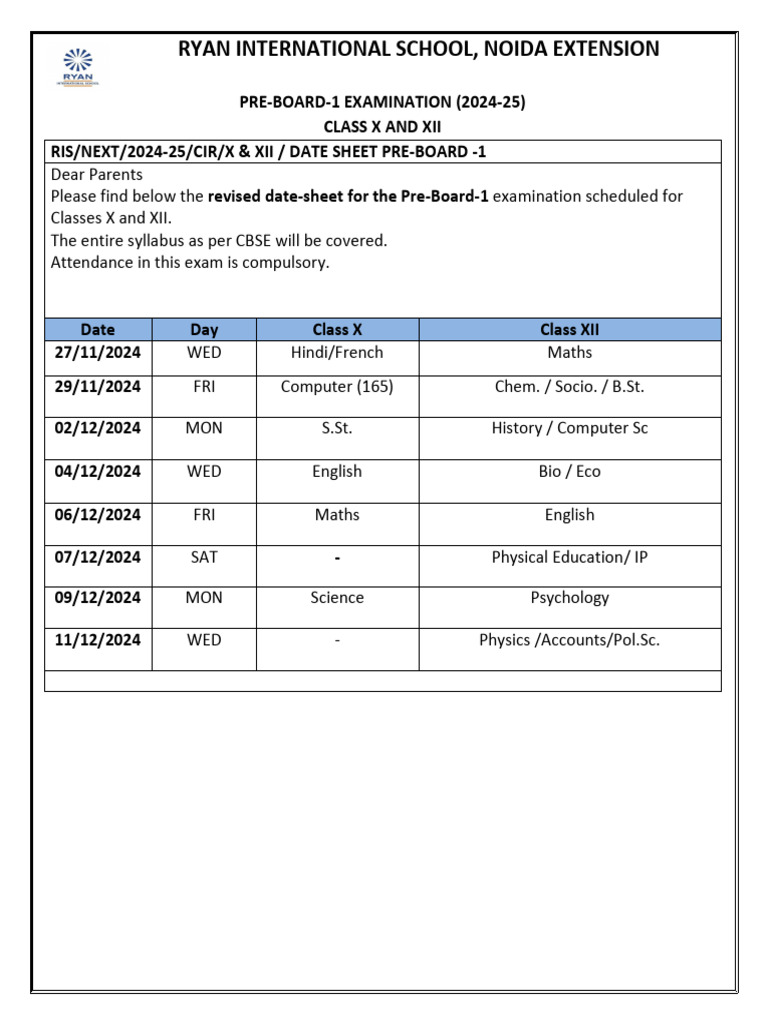 Class x & Xii Date Sheet Pre-board-1-2 | PDF