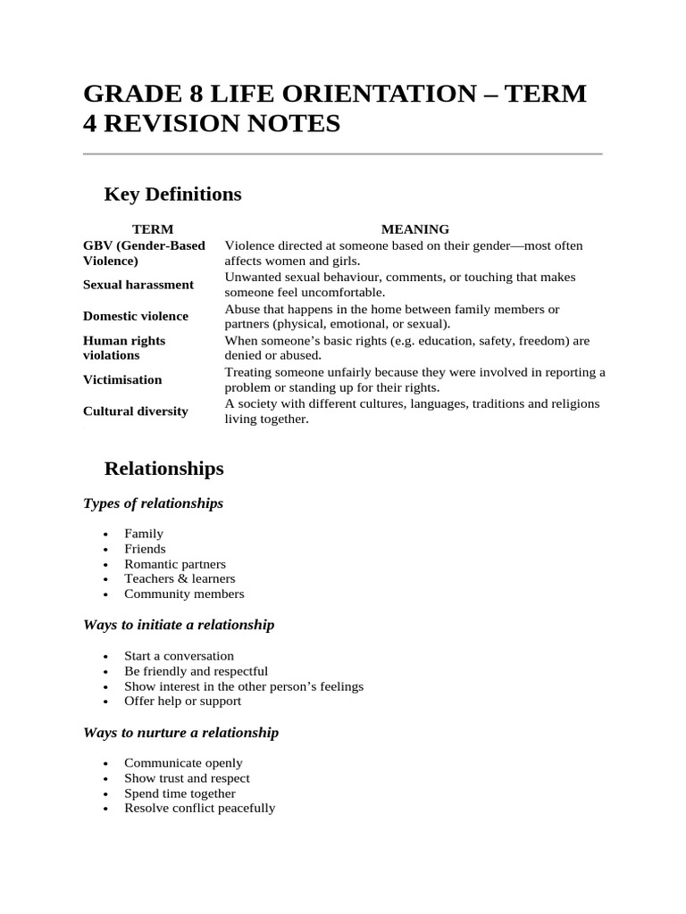 Grade 8 Life Orientation Revision Notes Term 4 | PDF | Violence | Hiv/Aids