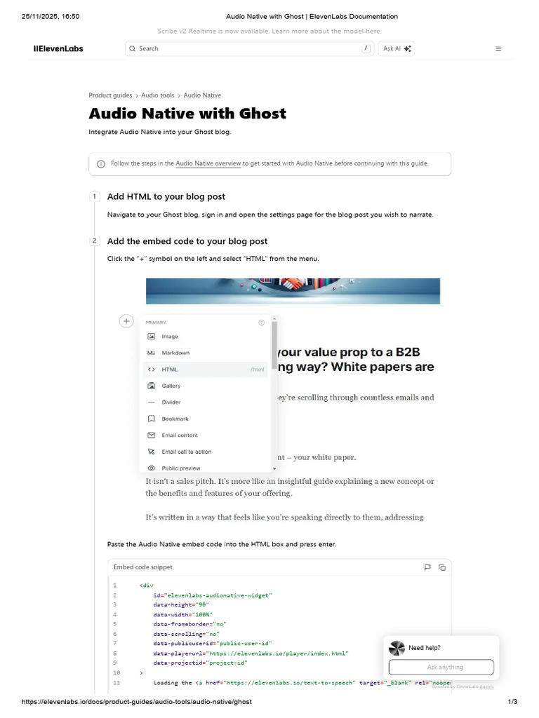 Audio Native With Ghost - ElevenLabs Documentation | PDF | Computing ...