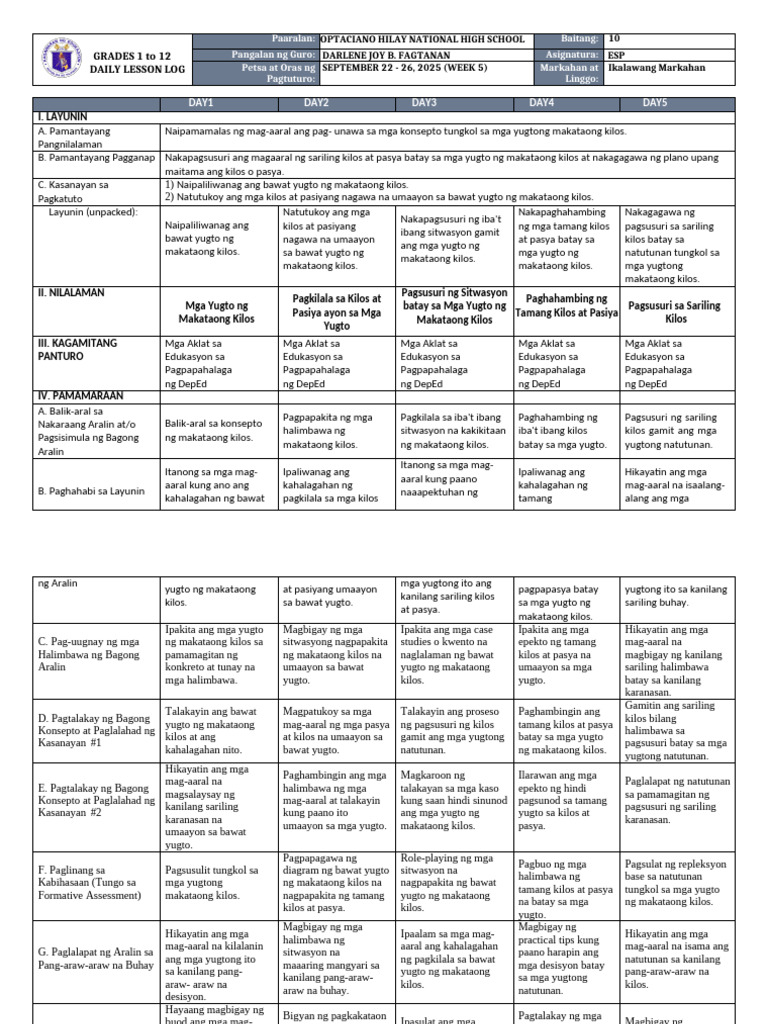 September 22 - 26, 2025 Esp q2 Week 5 | PDF