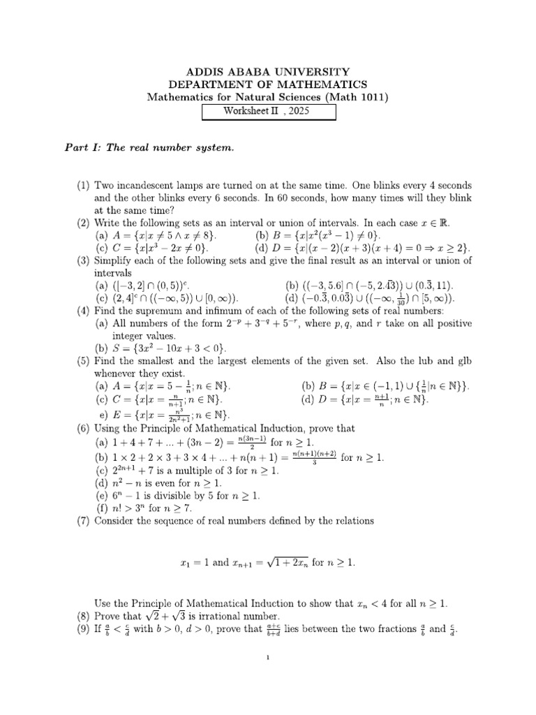 2018 AAU Math 1011 Worksheet II | PDF