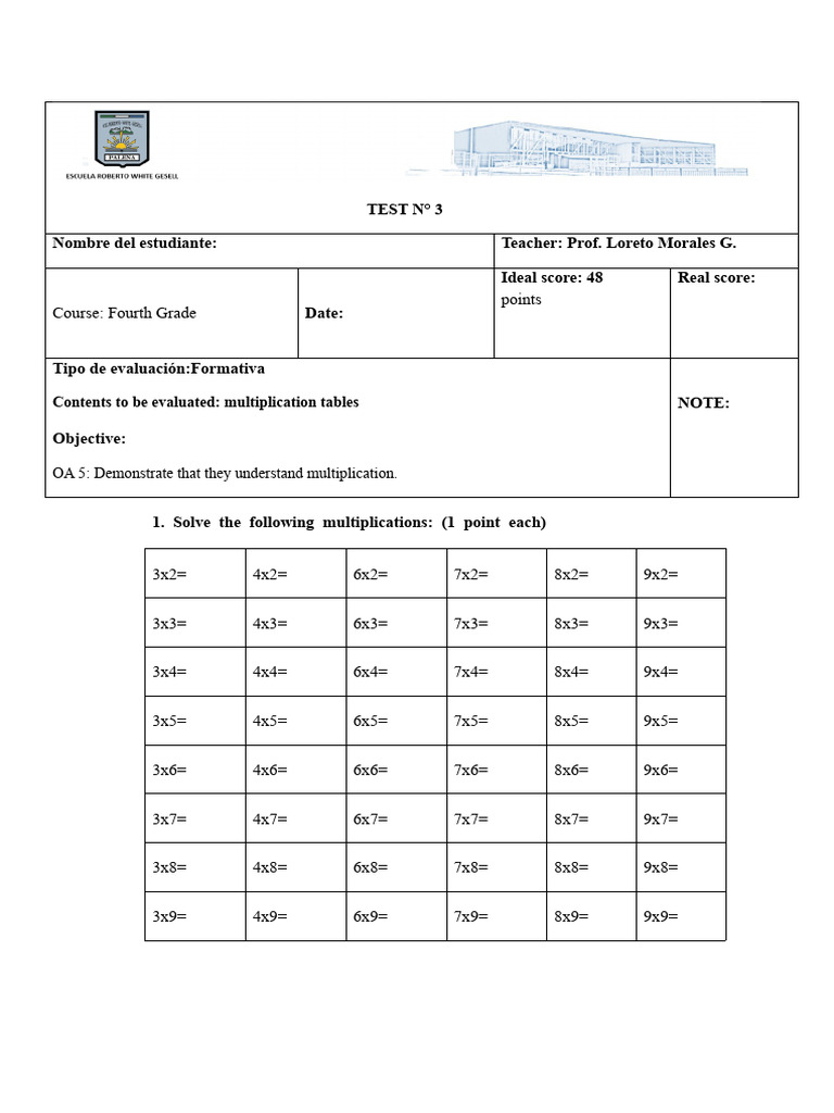 Fourth Grade Multiplication Test | PDF
