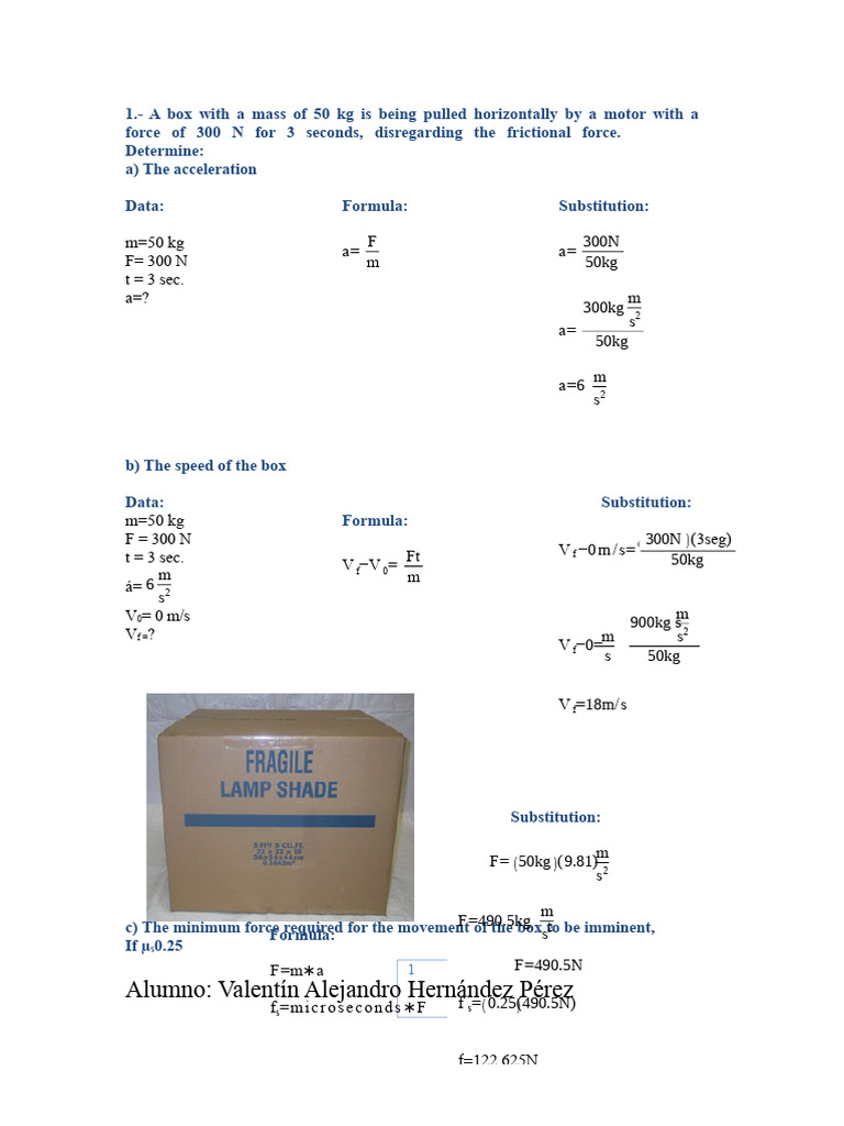 Solved Exercises On Acceleration, Final and Initial Velocity, Gravitational Force, and Work ...
