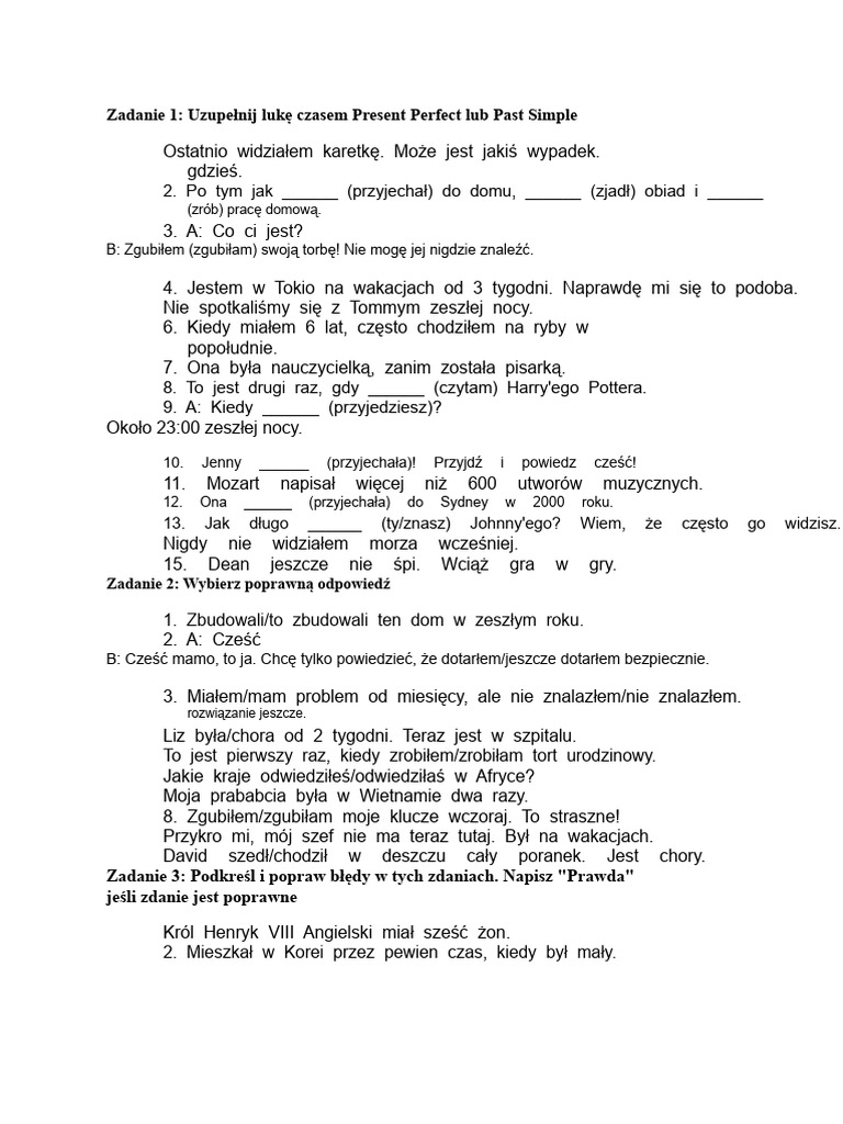 Ćwiczenie Z Czasów Present Perfect I Past Simple | PDF