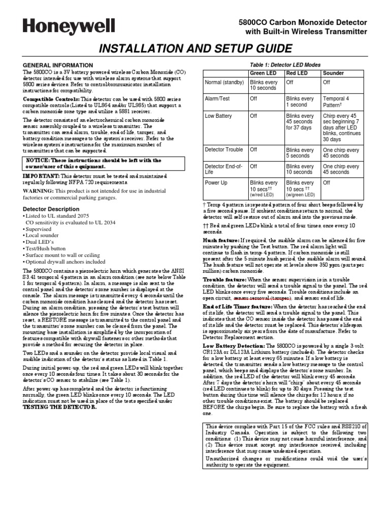 Honeywell 5800CO Install Guide | PDF | Security Alarm | Carbon Monoxide