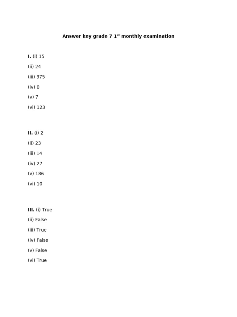 Answer Key Grade 7 1st Monthly Examination | PDF