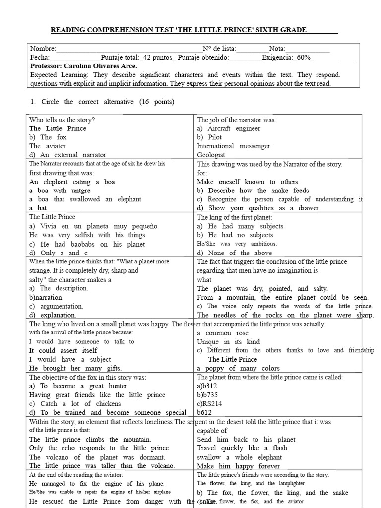 94746496-Reading Comprehension Test Sixth Grade 1 | PDF | The Little ...