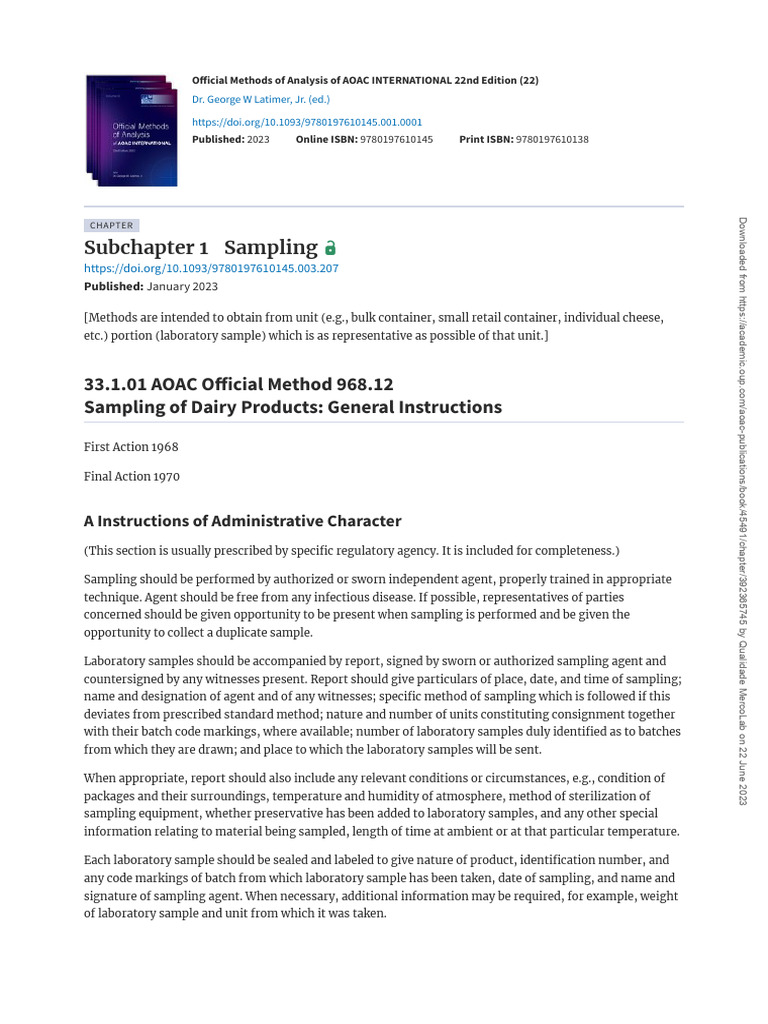 AOAC Dairy Sampling Methods Guide | PDF | Milk | Liquids