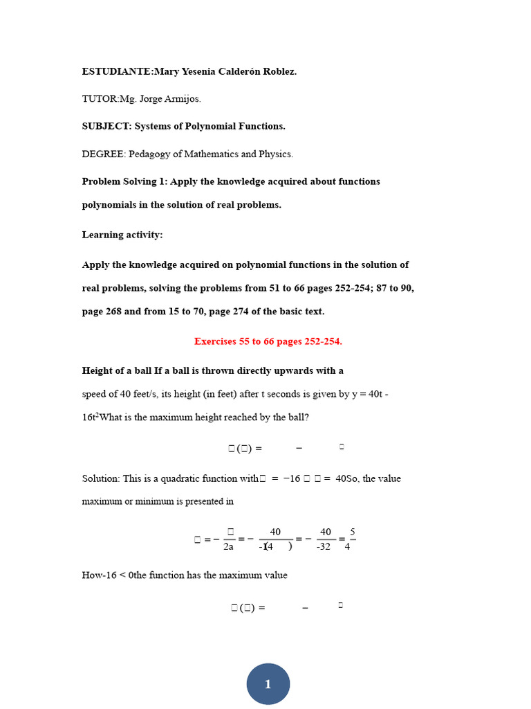 Second Bimester Problem Solving 1 Polynomial Functions. | PDF ...