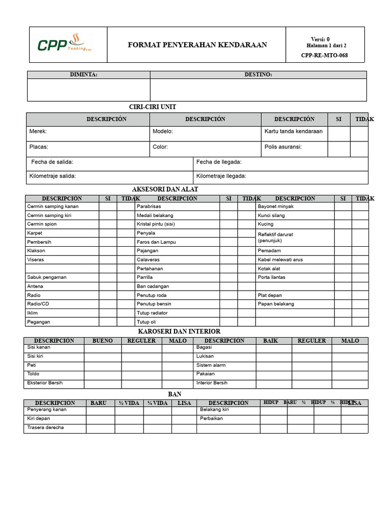Format Penyerahan Kendaraan CPP-RE-MTO-068 | PDF