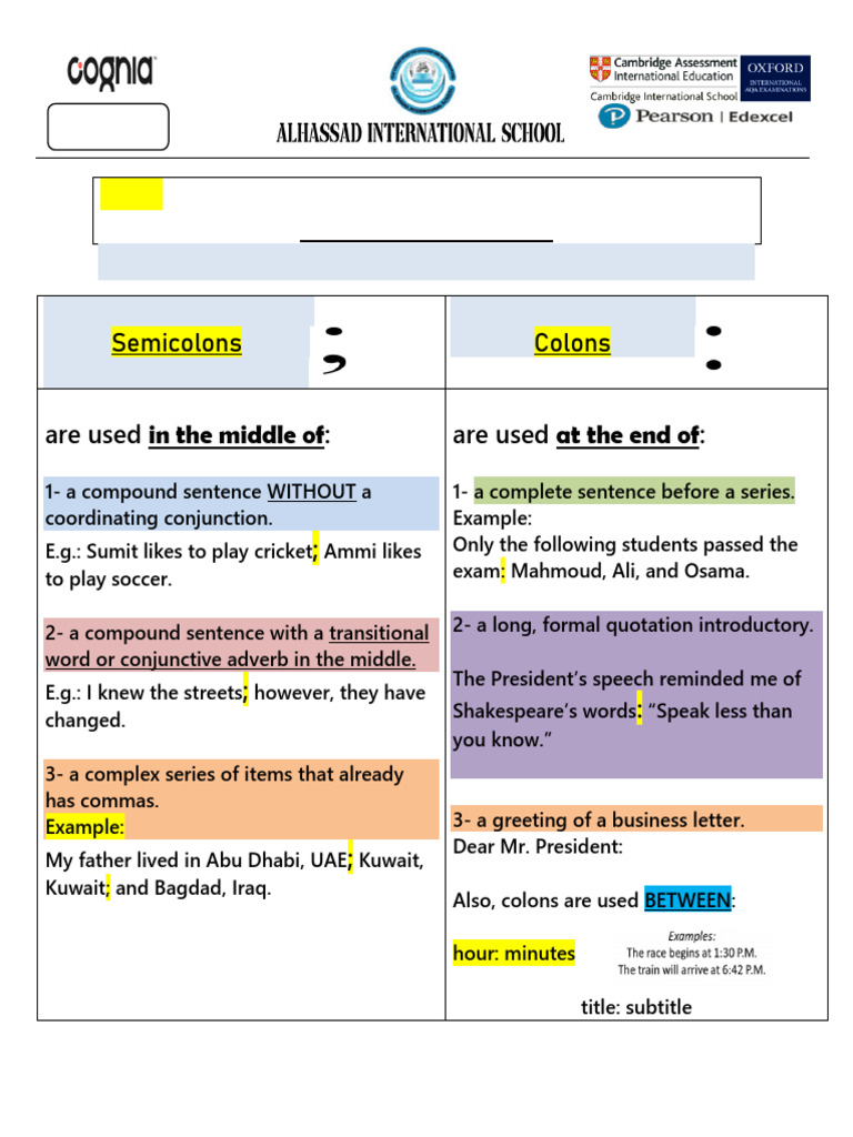 Grade 8 Punctuation: Semicolons & Colons | PDF