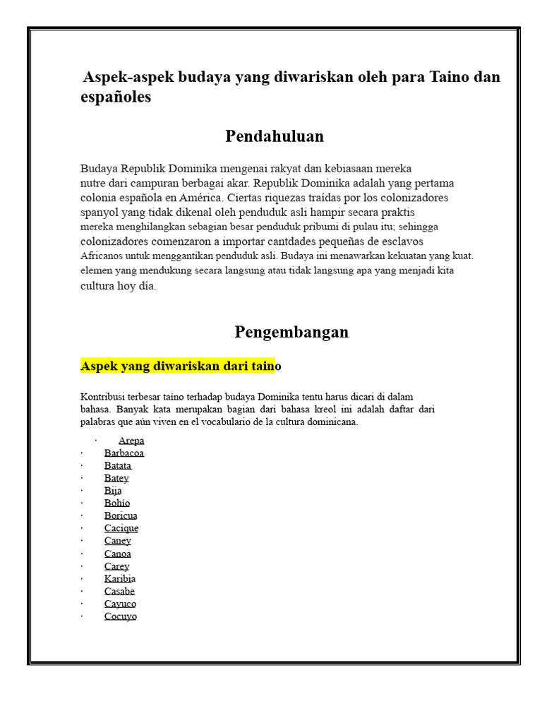 Warisan Budaya Taino dan Spanyol di DR | PDF
