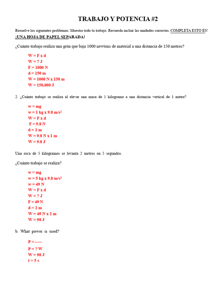 Respuestas de Práctica 2 Sobre Trabajo y Potencia | PDF | Cantidades ...