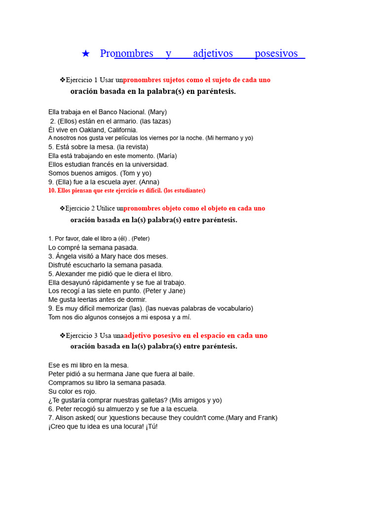 Pronombres y Adjetivos Posesivos | PDF
