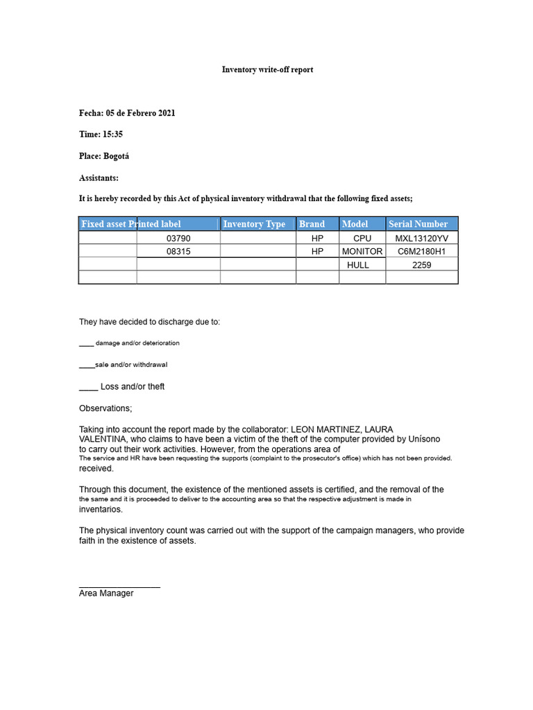 Inventory Removal Report.. | PDF