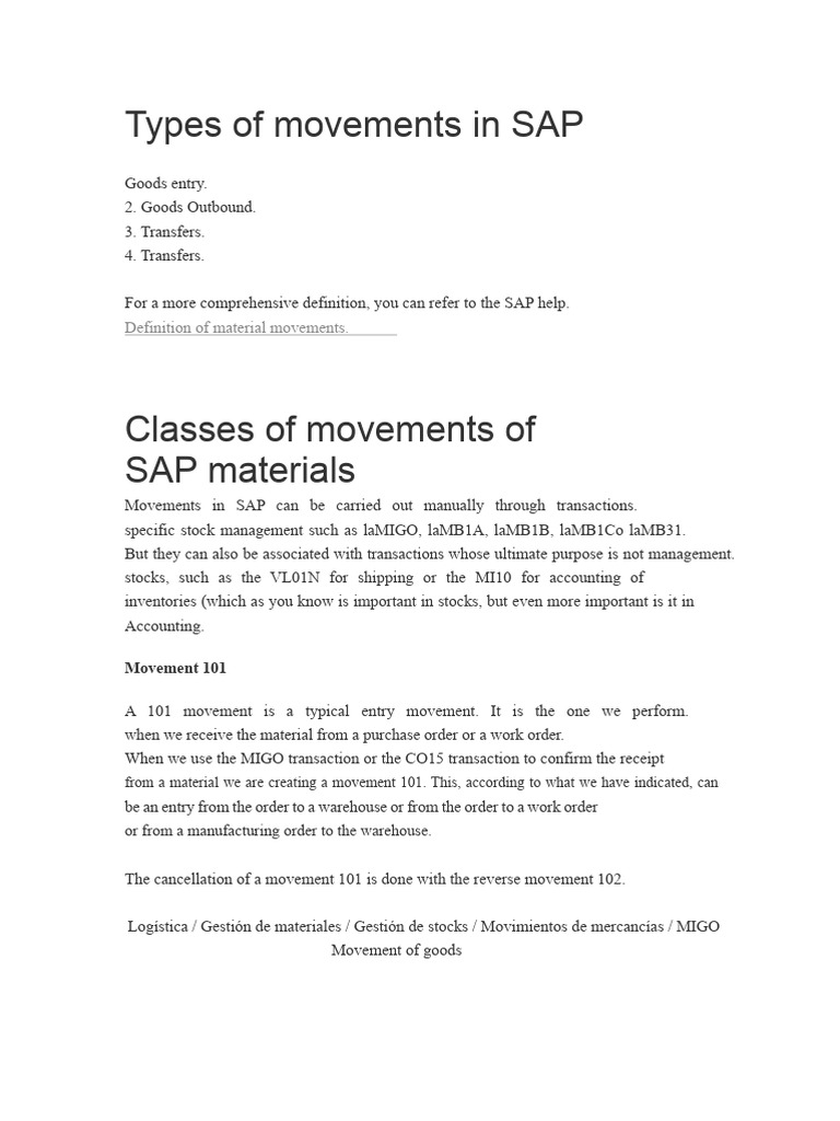 Types of Movements in SAP | PDF | Logistics | Warehouse