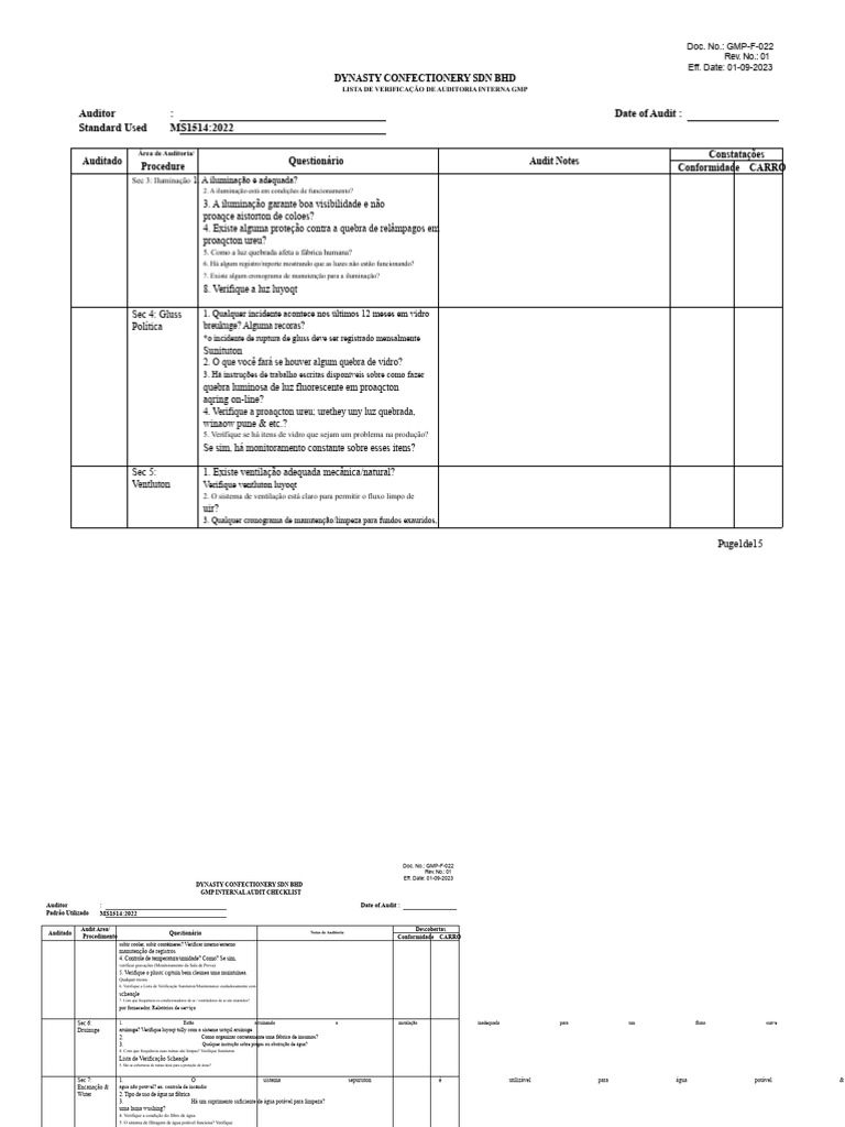 Lista de Verificação de Auditoria Interna GMP | PDF | Desperdício