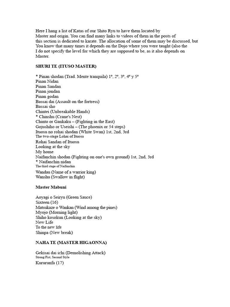 Shito Ryu Karate Katas List by Master | PDF | Choreographed Combat | Karate