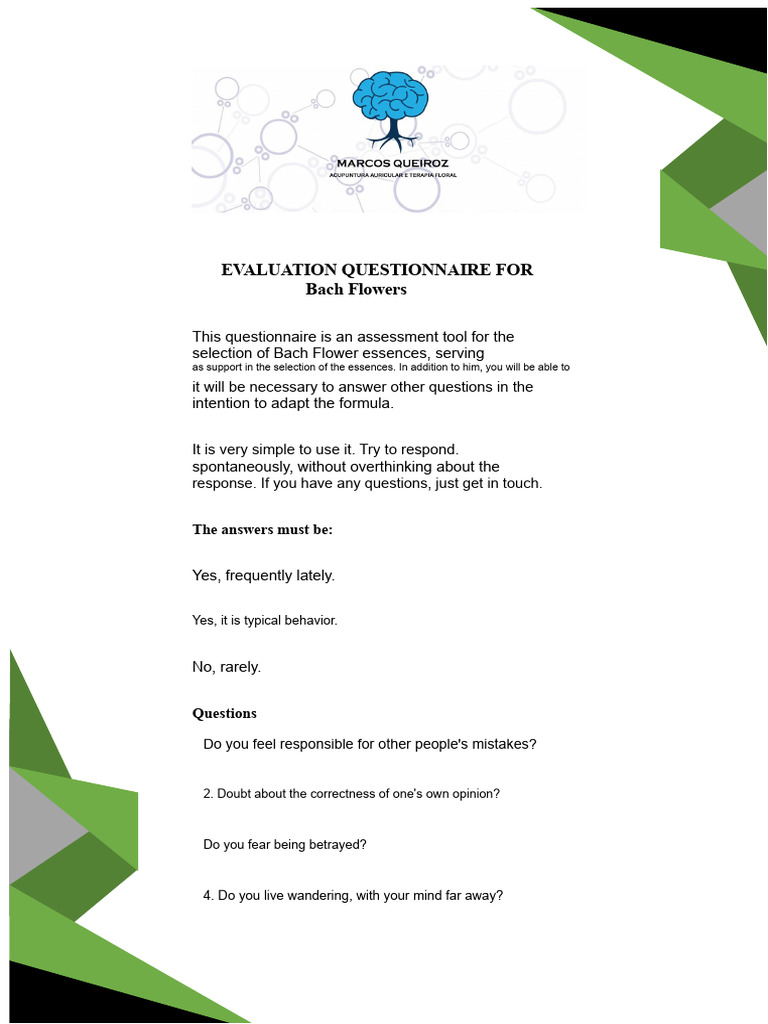 Bach Flower Assessment Questionnaire | PDF | Questionnaire | Feeling