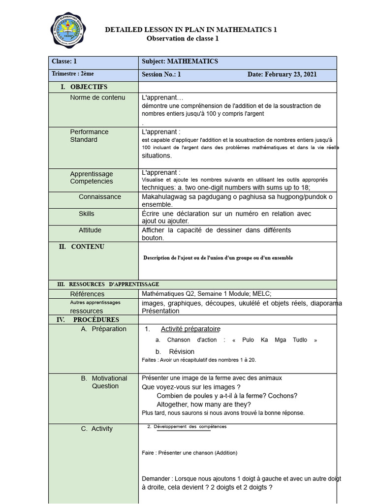 Plan de leçon : Addition et soustraction en 1ère | PDF | Mathématiques