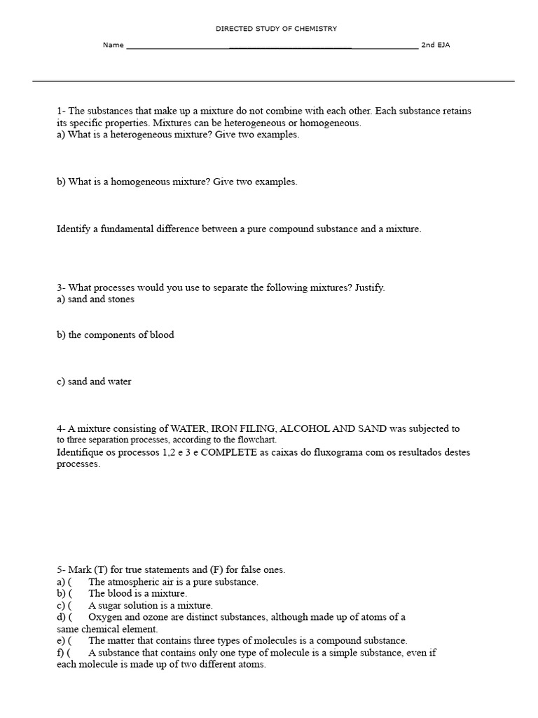 Exercises - Pure Substances and Mixtures 2EJA | PDF | Mixture ...