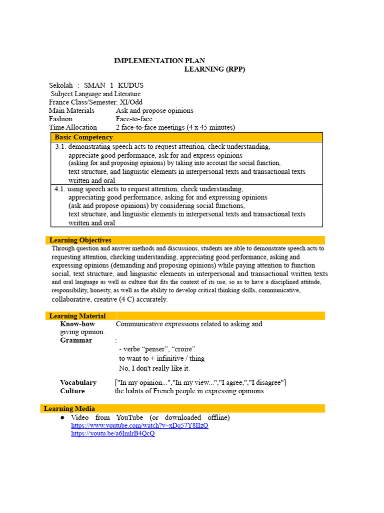 French Lesson Plan Xi 2022-2023 | PDF | Linguistics | Question