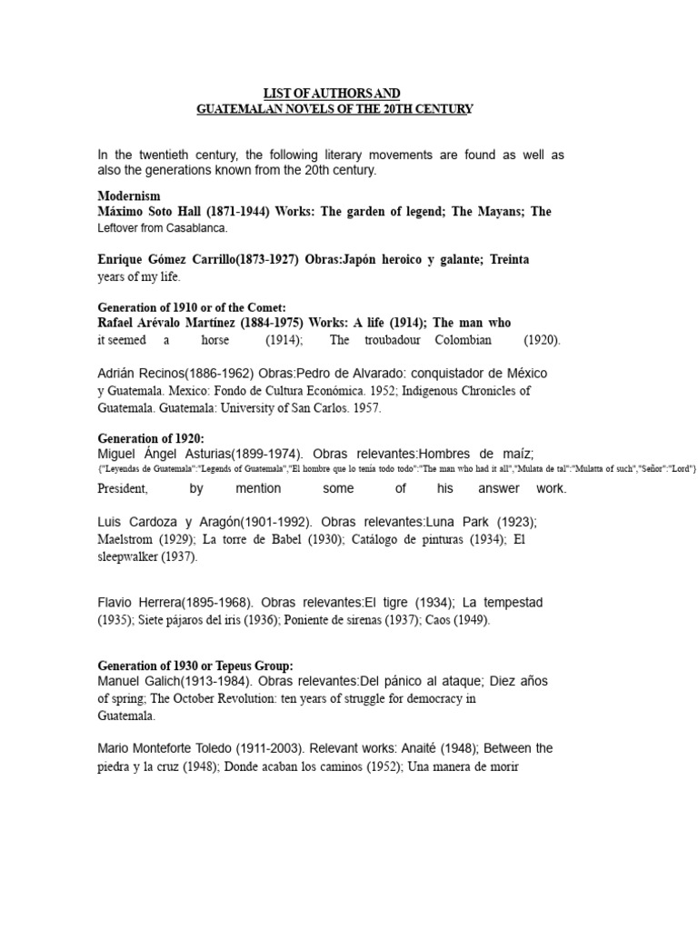 Guatemalan 20th Century Novels List | PDF | North American Literature ...
