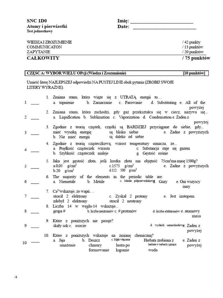 SNC1D Chemia Test Praktyczny Jednostkowy | PDF