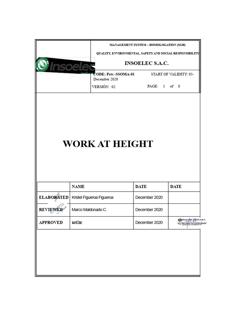 Work at Height Safety Procedures | PDF | Occupational Safety And Health ...