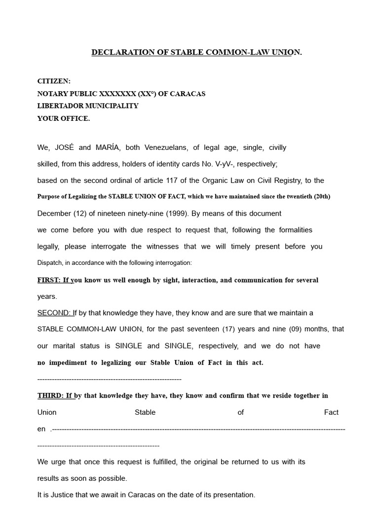 Declaration of Stable Union of Fact | PDF
