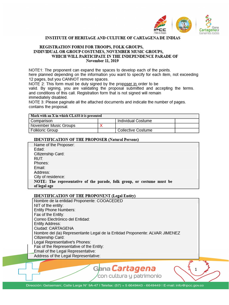 Registration Format For Comparsas Folkloric Groups Costumes I and C | PDF